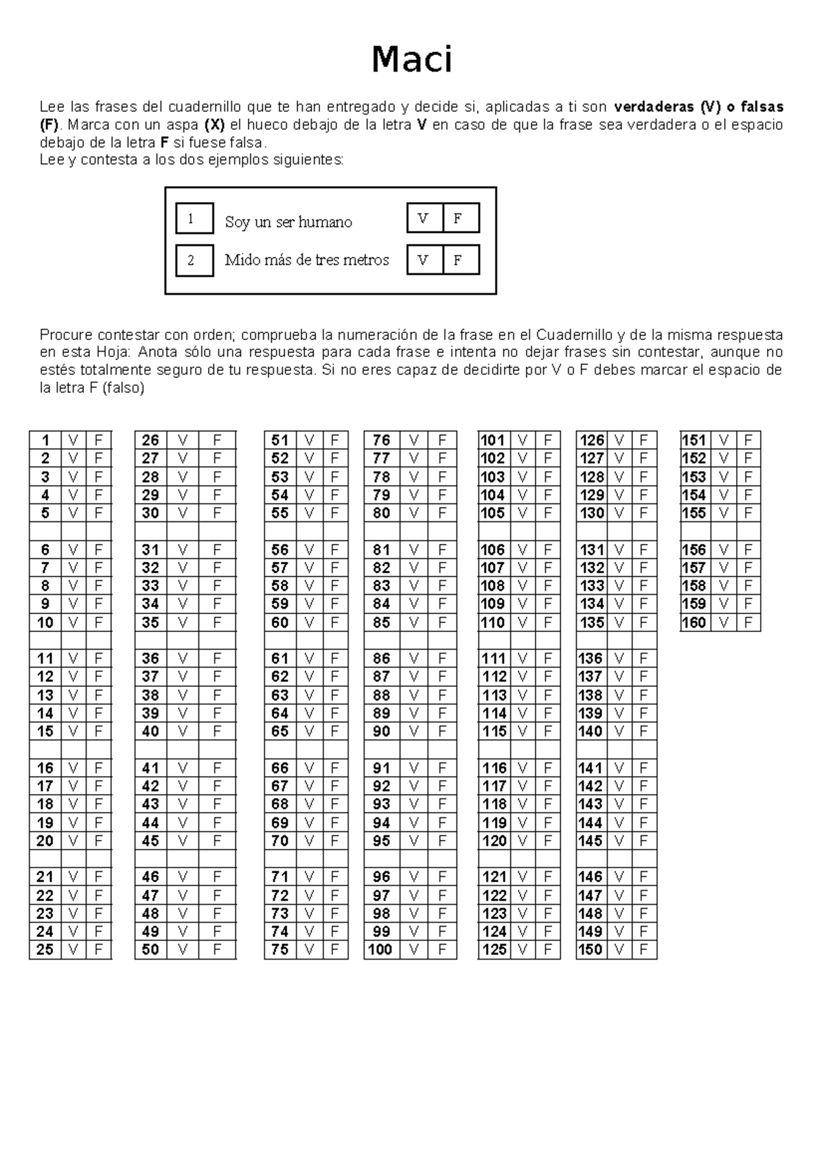 Hoja de respuetas del MACI - Maci Lee las frases del cuadernillo que te ...