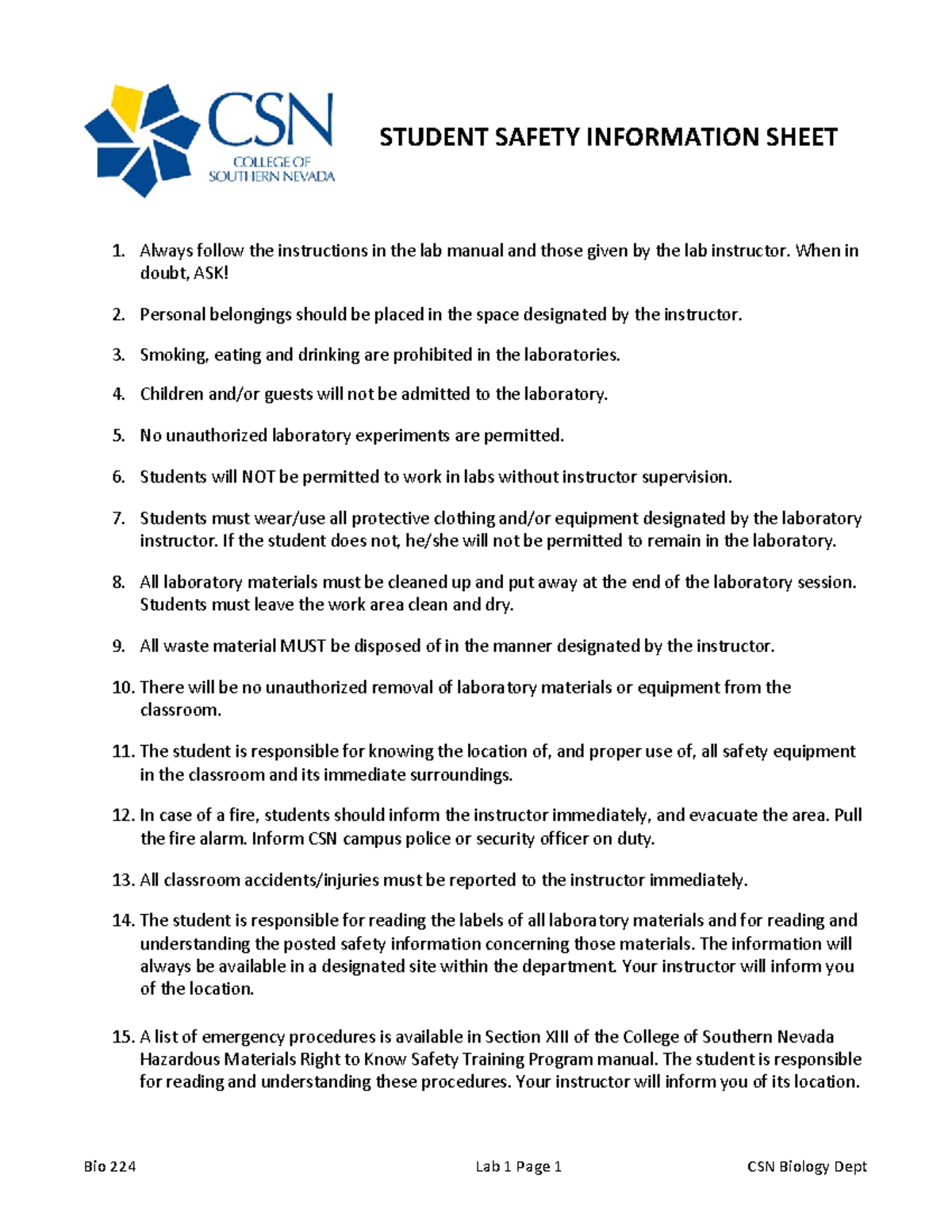 BIO 224 LAB 1 - lab - STUDENT SAFETY INFORMATION SHEET - Studocu