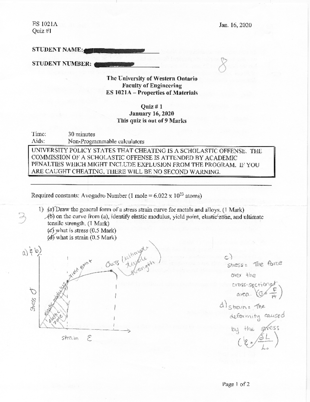 1021 Quiz1 2019-20 V3 - quiz - Engineering Science 1021A/B - Studocu