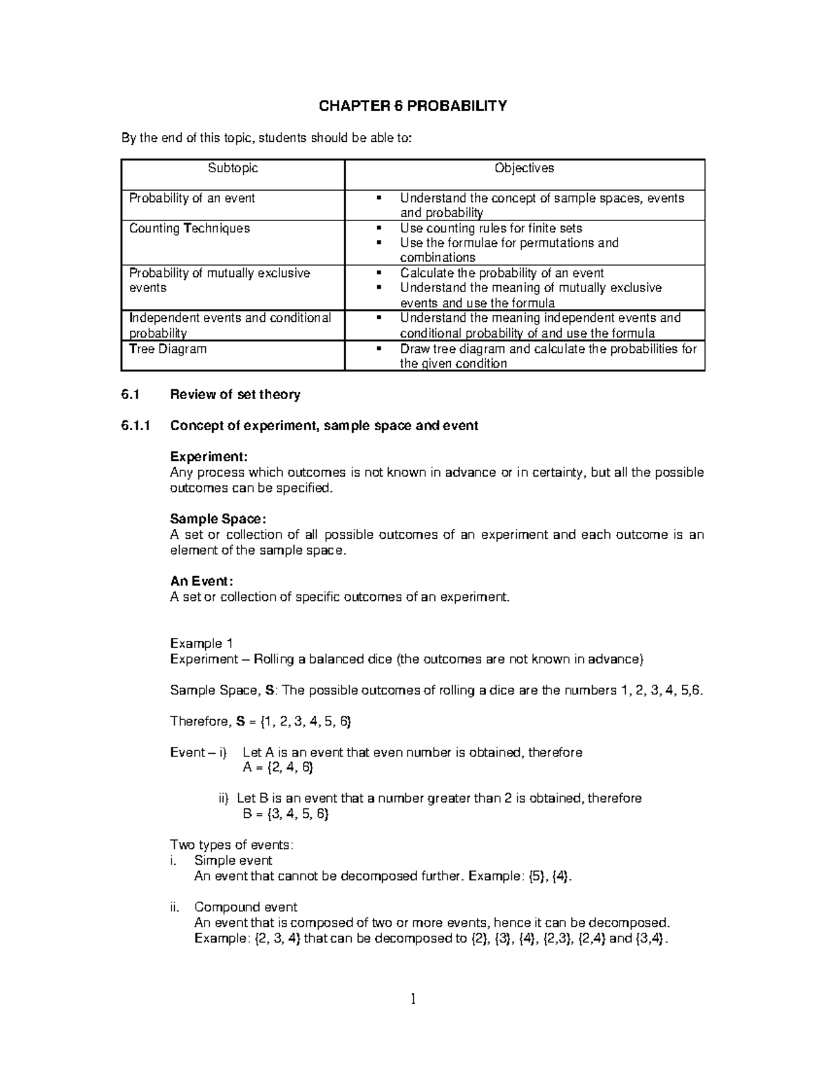 Chapter 6 STA104 v2023 (Part 1) - CHAPTER 6 PROBABILITY By the end of this topic, students ...