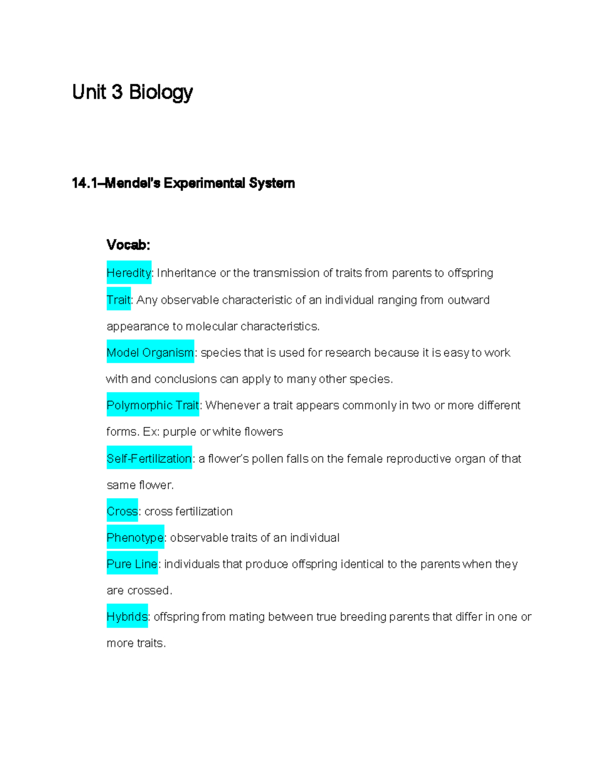 Unit 3 Biology Part 1 - Unit 3 Biology 14. 1 – Mendel’s Experimental ...