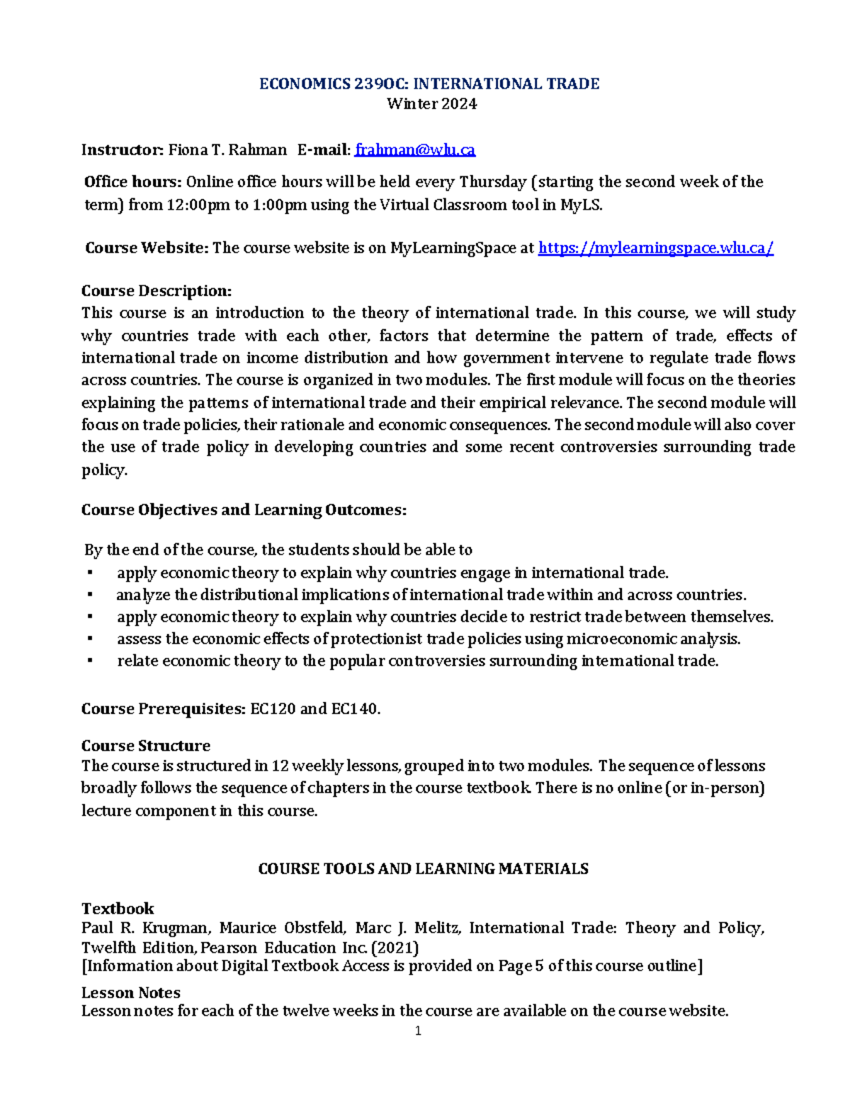 EC230OC-Winter 2024-Course Outline - ECONOMICS 239OC: INTERNATIONAL ...
