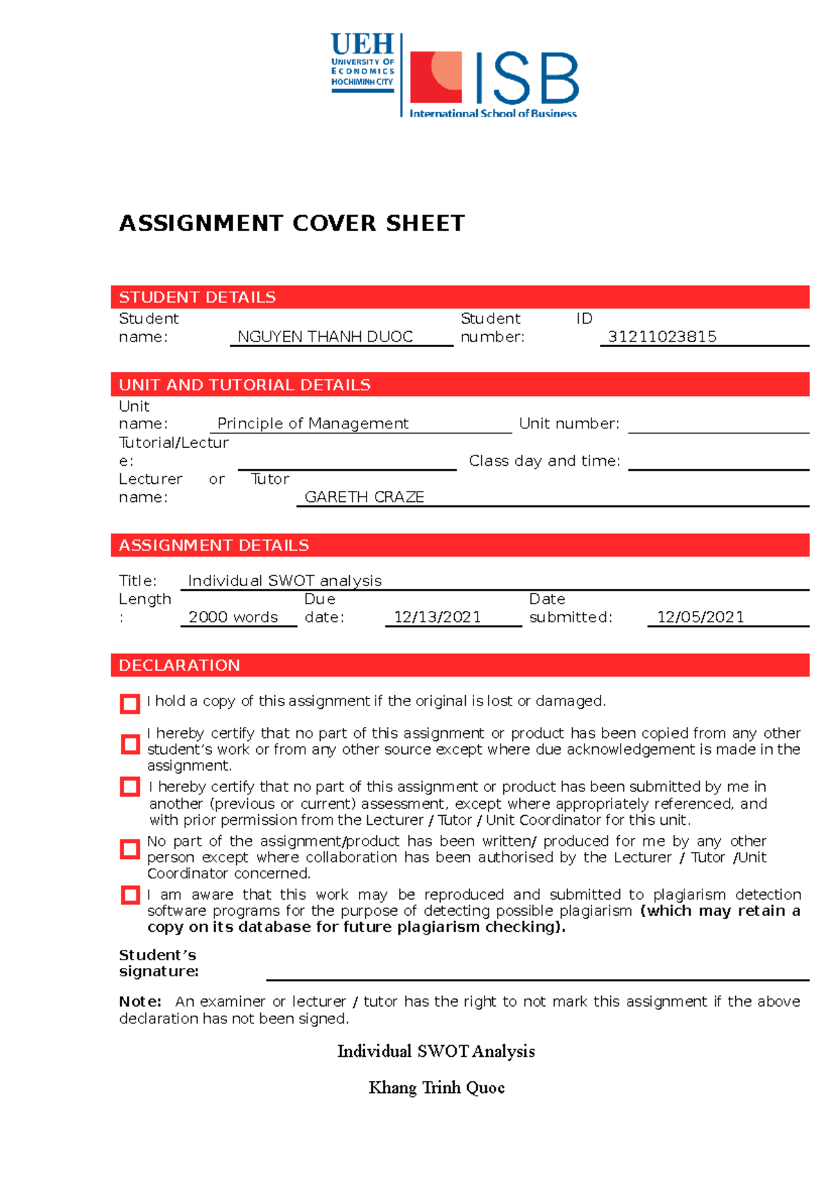 Assignment- Cover- Sheet - ASSIGNMENT COVER SHEET STUDENT DETAILS ...