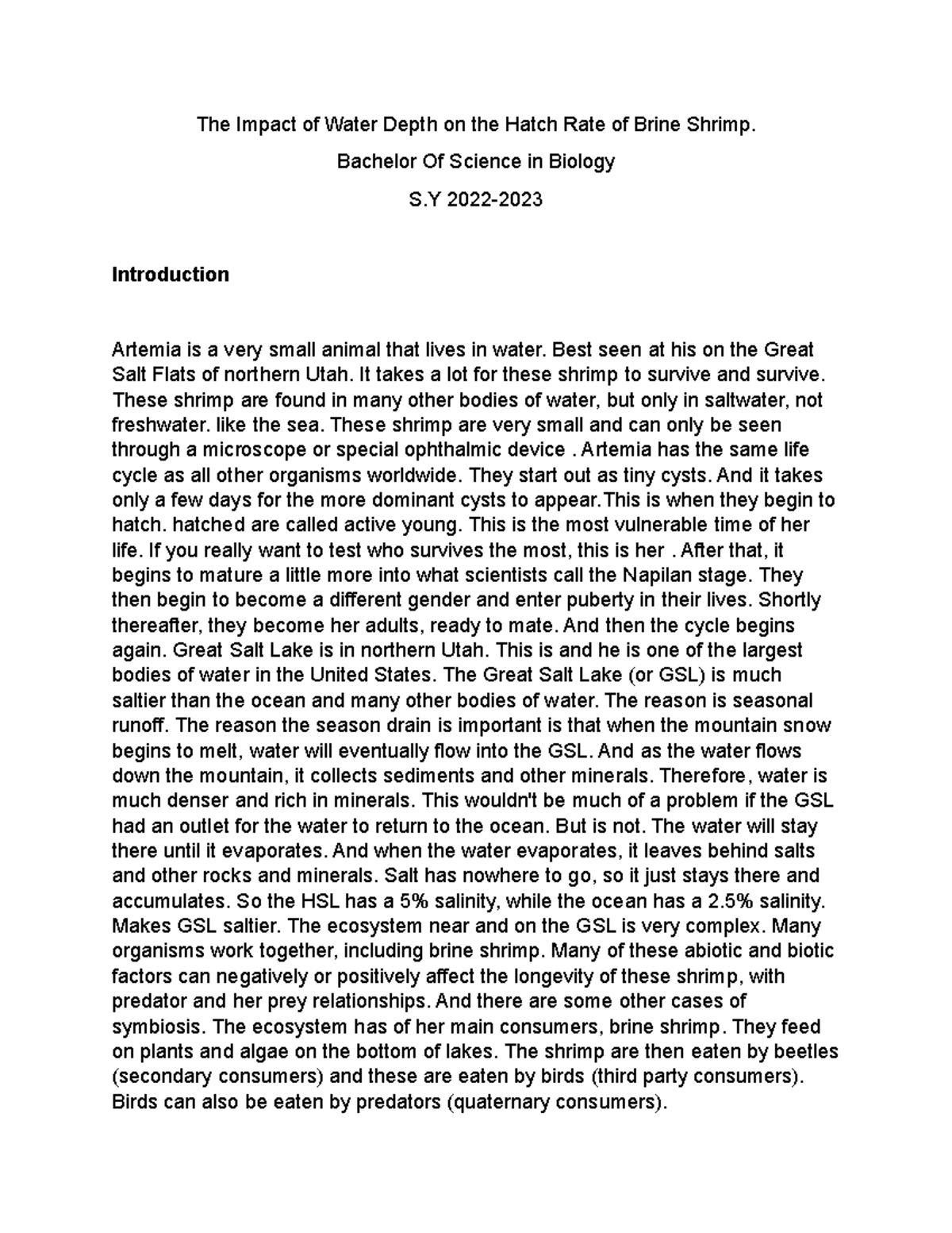 The Impact of Water Depth on the Hatch Rate of Brine Shrimp Bachelor Of ...