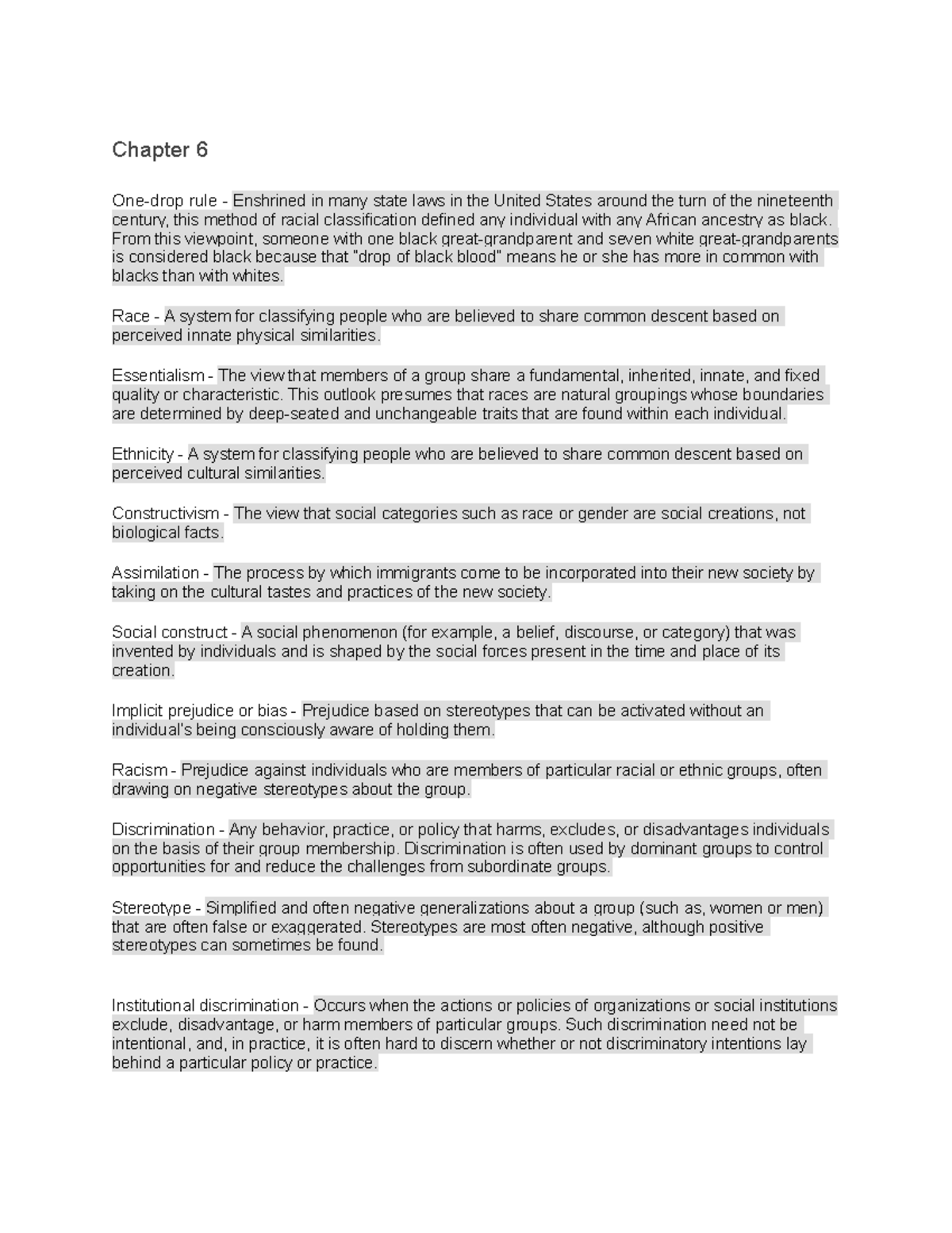 Sociology Chapter 6 Vocab - Chapter 6 One-drop rule - Enshrined in many ...