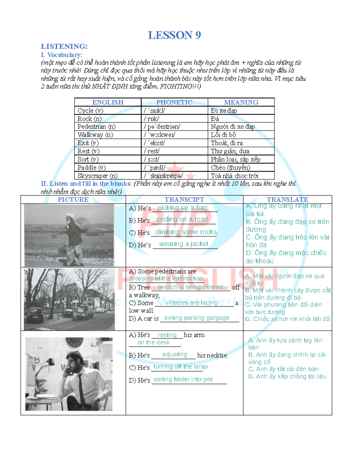 Lesson 9 - hihi - LESSON 9 LISTENING: I. Vocabulary: (một mẹo để có thể ...