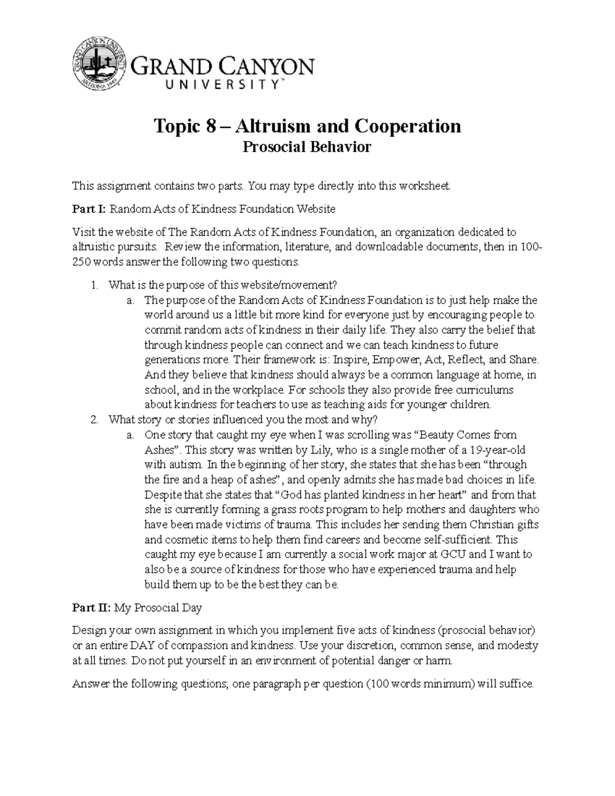 PSY362 Prosocial Behavior Assignment - Topic 8 – Altruism and ...