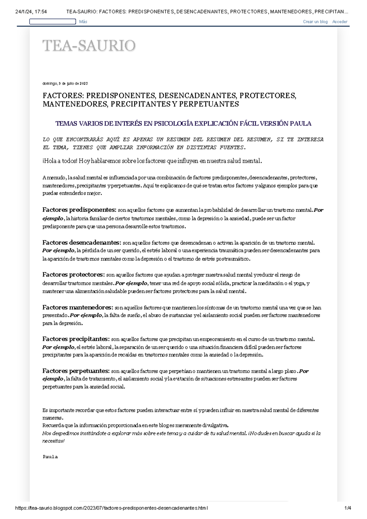 Factores Predisponentes, Desencadenantes, Protectores, Mantenedores ...