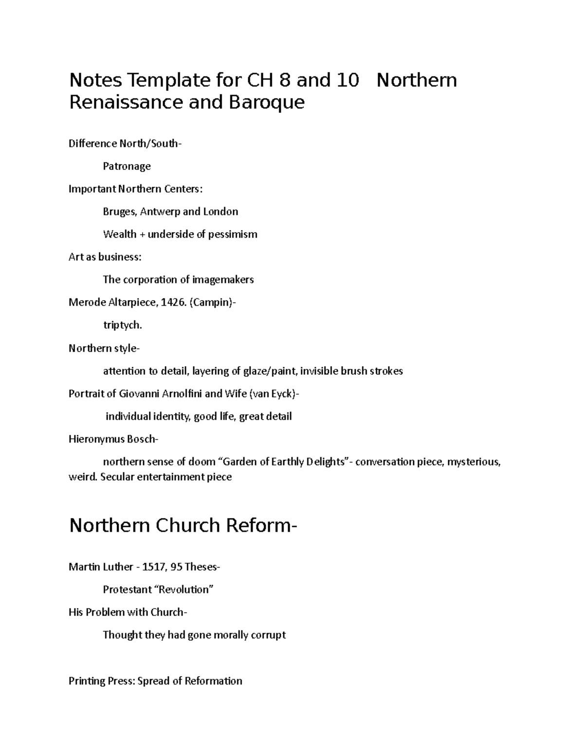 Ch 8 and 10 - Notes Template for CH 8 and 10 Northern Renaissance and ...
