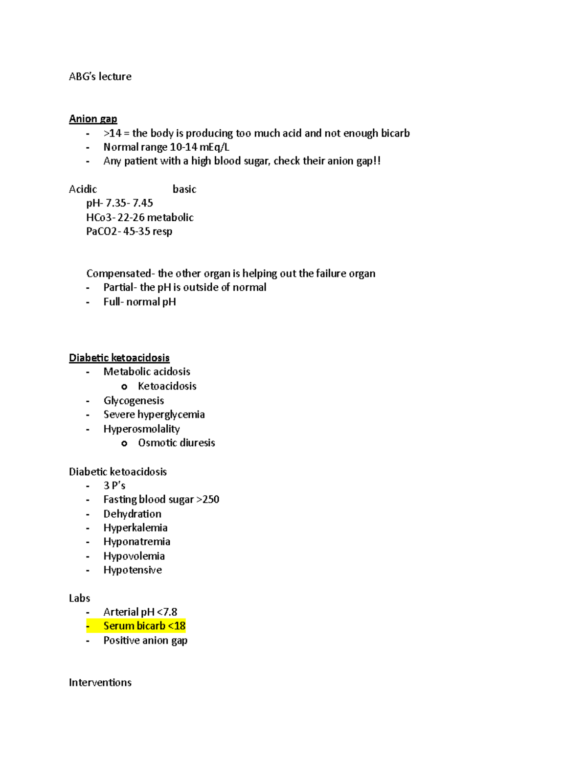 ABG lecture for medical surgical - ABG’s lecture Anion gap - >14 = the ...