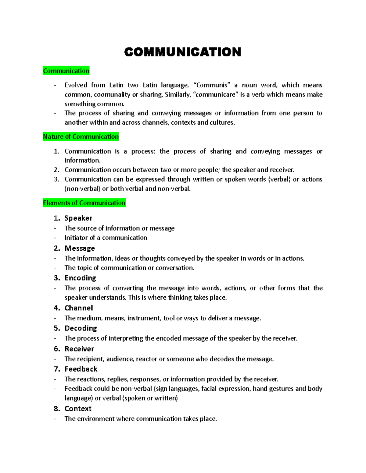 Nature Process Elements and Models of Communication - COMMUNICATION ...
