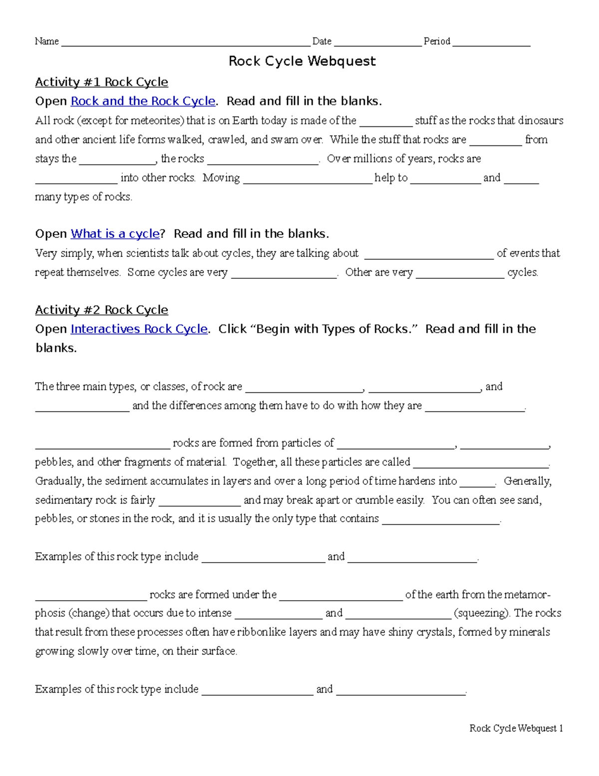 Rock Cycle webquest questions doc 2 - Rock Cycle Webquest Activity #1 ...