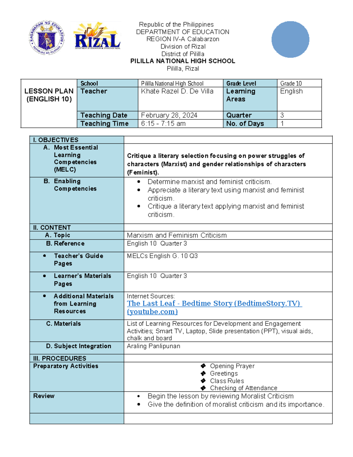 The feminist approach lesson plan 2025 - Republic of the Philippines ...
