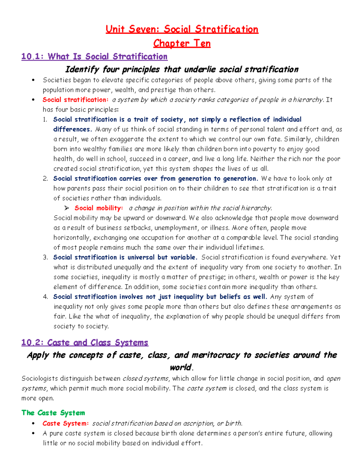 Notes for Social Studies Class - Unit Seven: Social Stratification ...