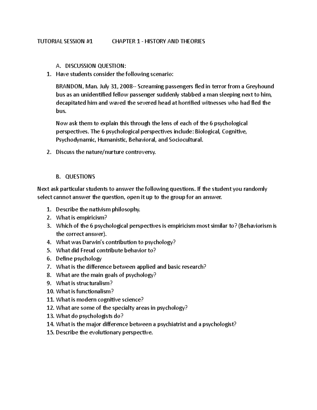 PSYC 1001A Chapter 1 Questions Marking Rubric - TUTORIAL SESSION #1 CHAPTER 1 - HISTORY AND ...