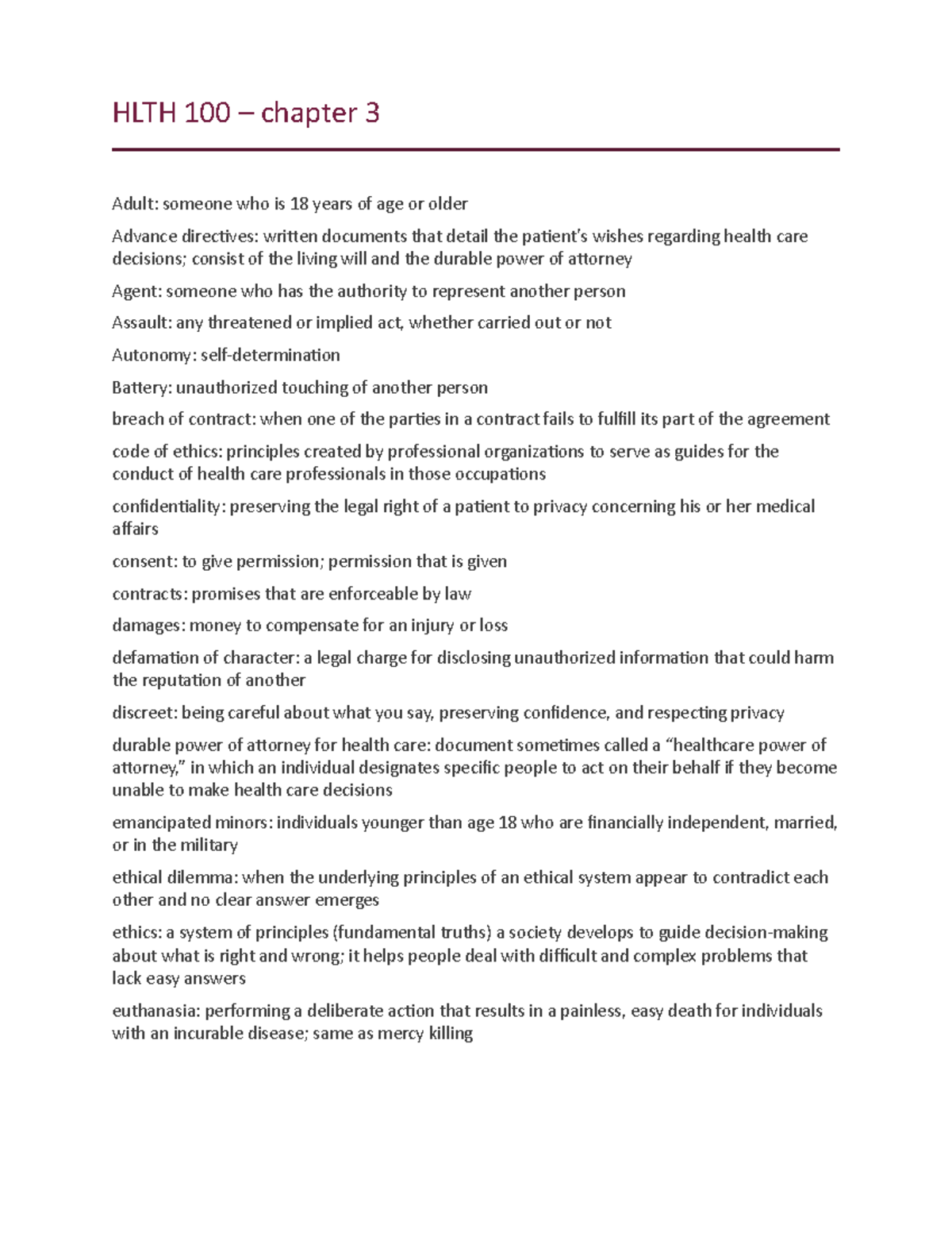 HLTH 100 chapter 3 - HLTH 100 – chapter 3 Adult: someone who is 18 years of age or older Advance ...