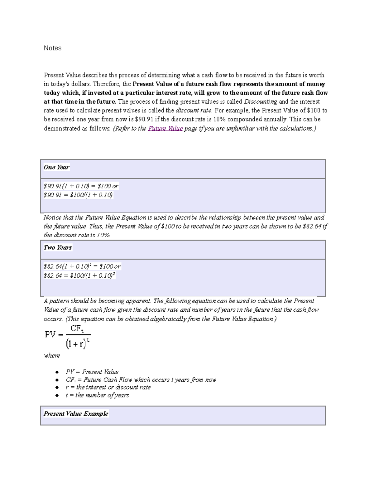 Notes on Present Value - Notes Present Value describes the process of ...