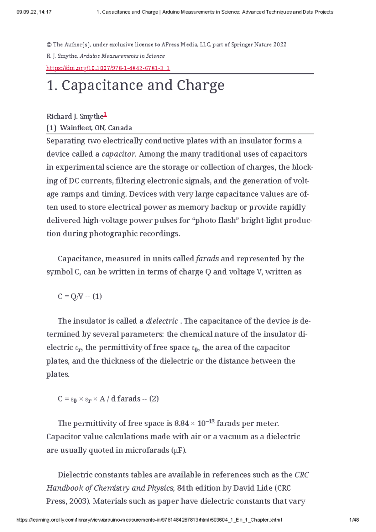 1 Capacitance And Charge Arduino Measurements In Science Advanced Techniques And Data Projects