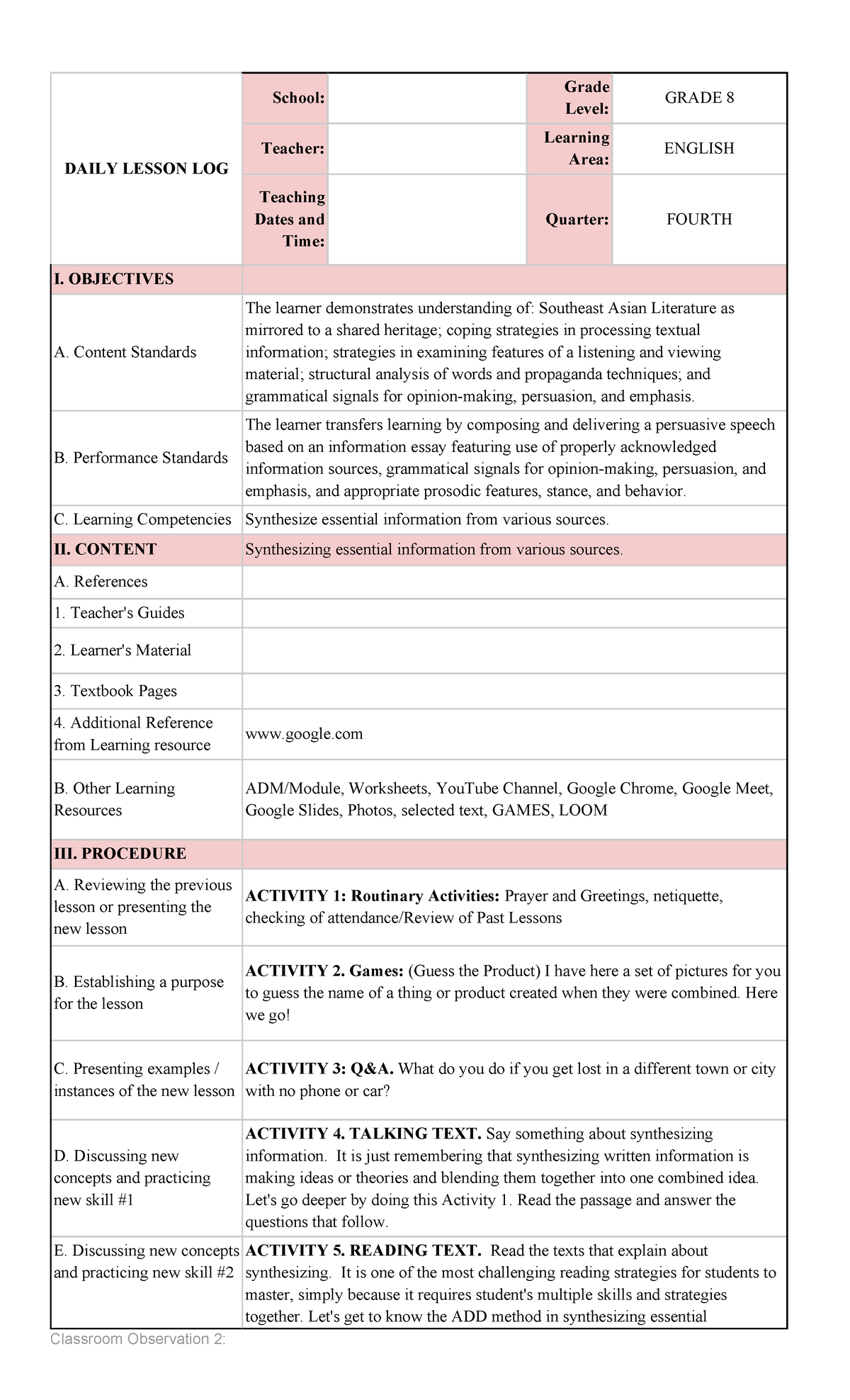 Lesson plan on synthesizing essential information from various sources ...