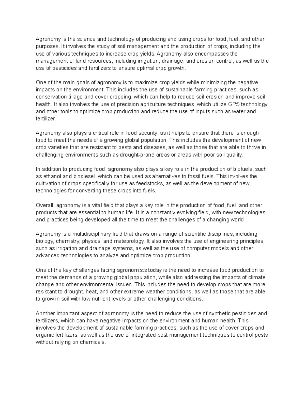 Agronomy summary - Agronomy is the science and technology of producing ...