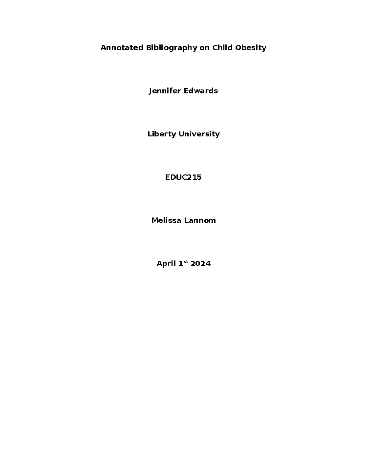 Child obesity project - Annotated Bibliography on Child Obesity ...