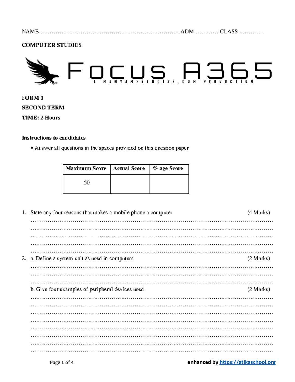 Computer studies revision kits form 1 2022 term 2 paper 1 model ...