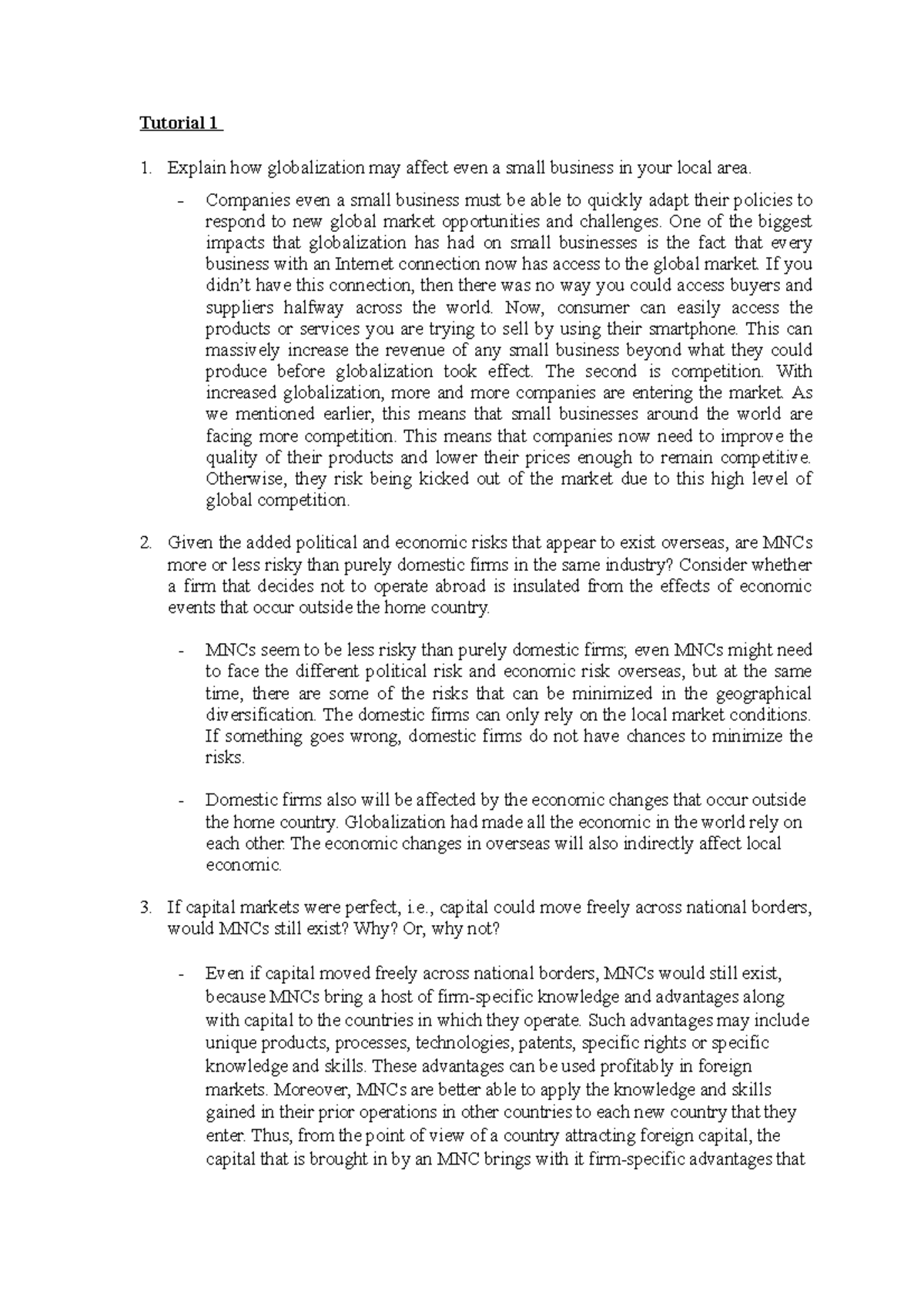 ITF tutorial - Tutorial 1 Explain how globalization may affect even a ...