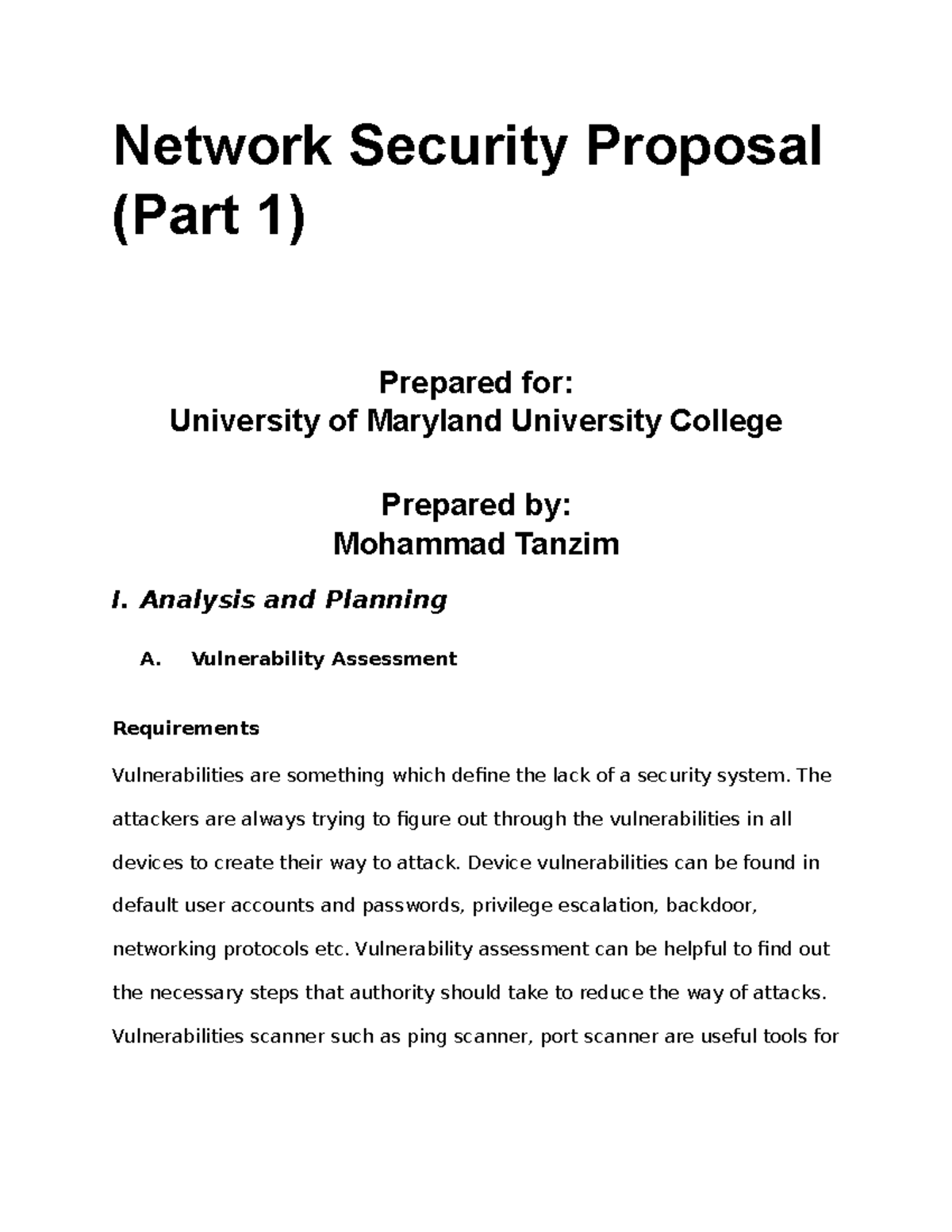 CMIT320 Project Part 1 - Network Security Proposal (Part 1) Prepared for: University of Maryland ...