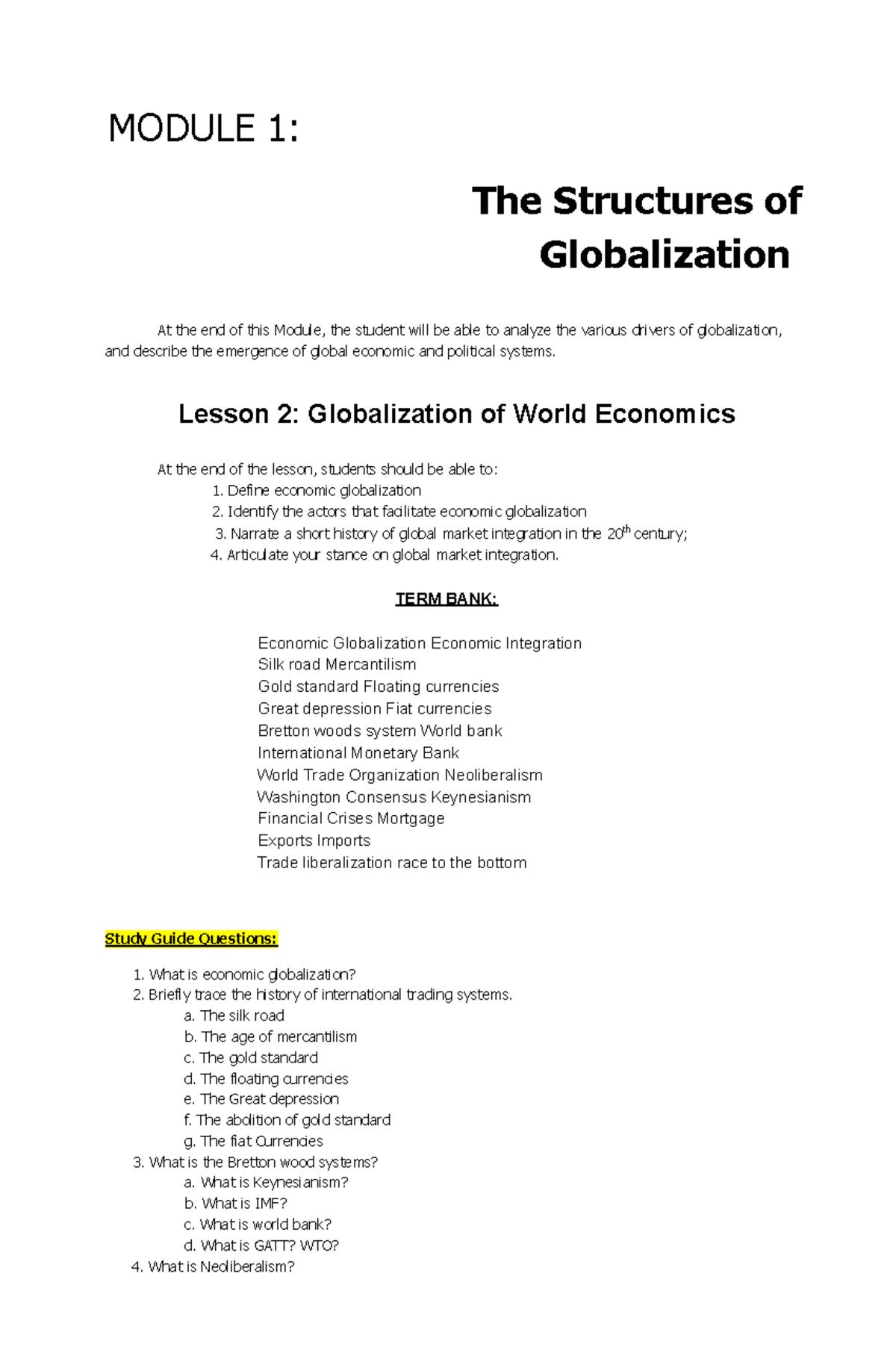 Lesson-2 - lodging - MODULE 1: The Structures of Globalization At the end of this Module, the ...