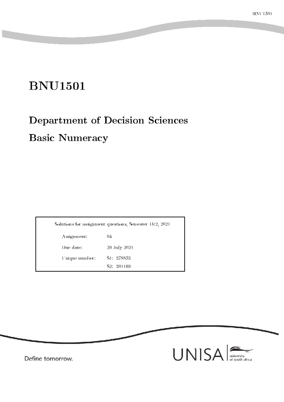 BNU ASSIGNMENT 4 SOLUTIONS - Bnu1501 - Unisa - Studocu