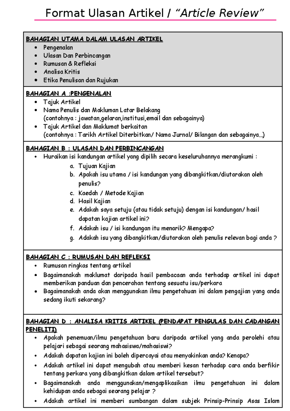 Format Contoh Ulasan Artikel CTU101 - Format Ulasan Artikel / “Article Review” BAHAGIAN UTAMA ...