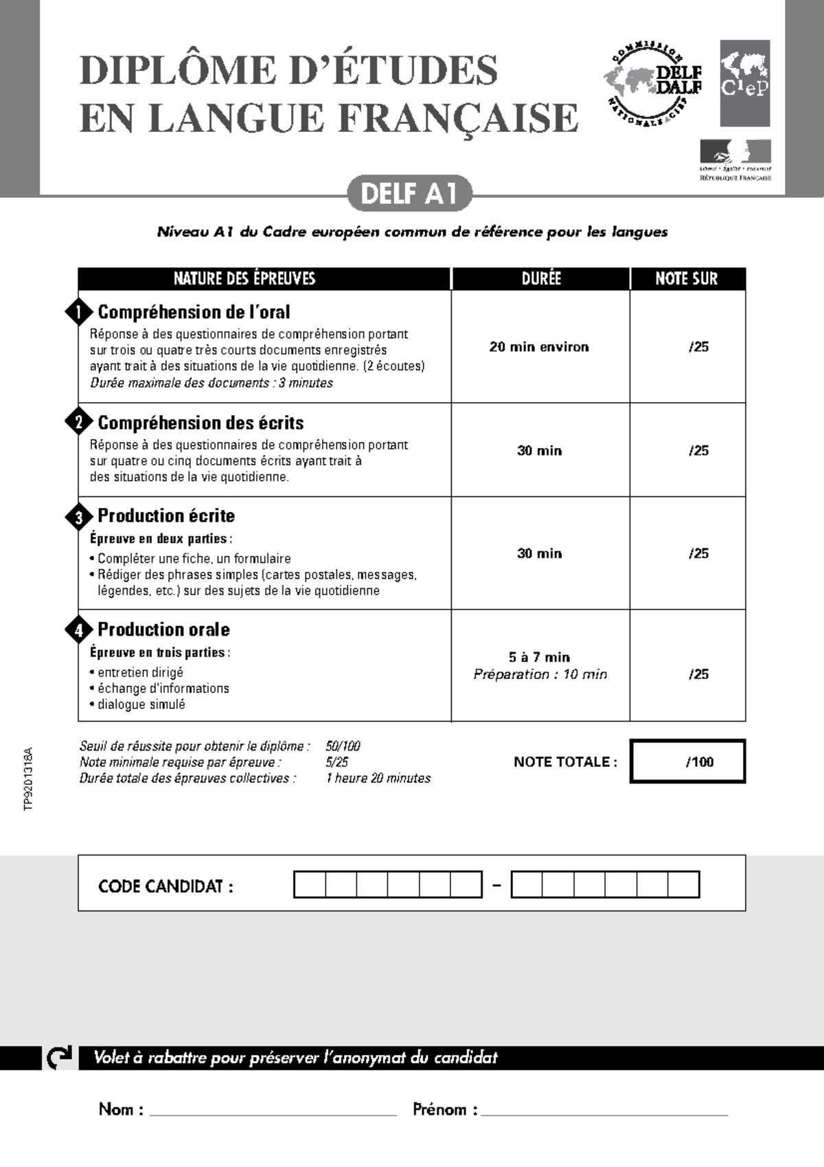 DELF A1 practice exam paper set 4 - DIPLÔME D’ÉTUDES EN LANGUE ...