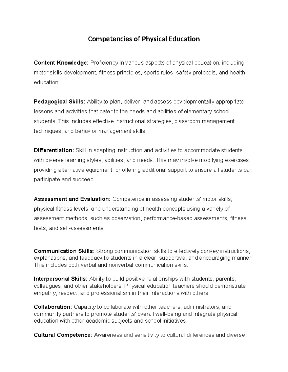 Competencies of Physical Education - Competencies of Physical Education ...
