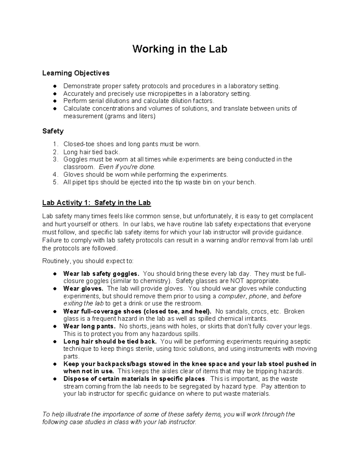 Lab 1 - Lab 1 answers - Working in the Lab Learning Objectives ...