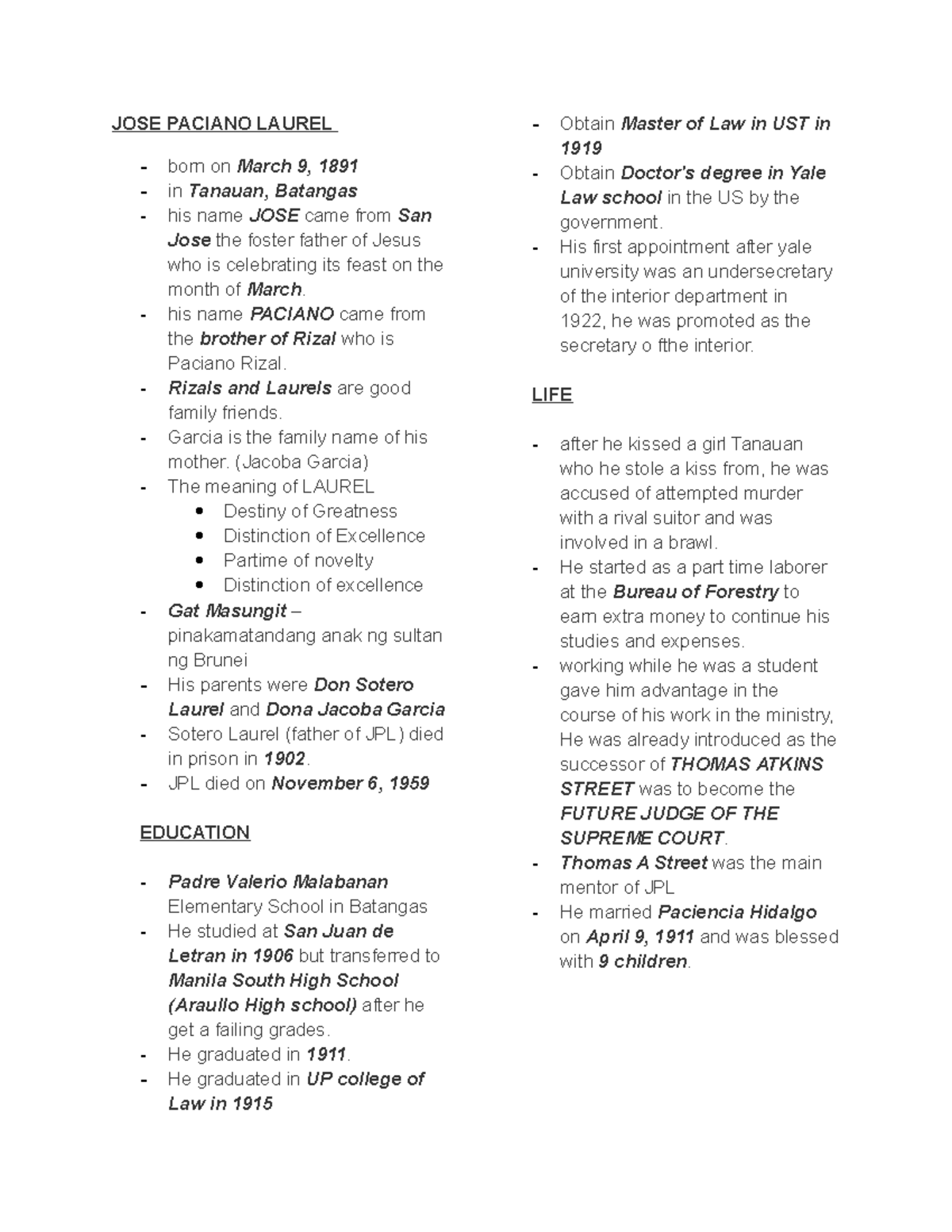 JPL- Prelims- Reviewer - JOSE PACIANO LAUREL born on March 9, 1891 in ...