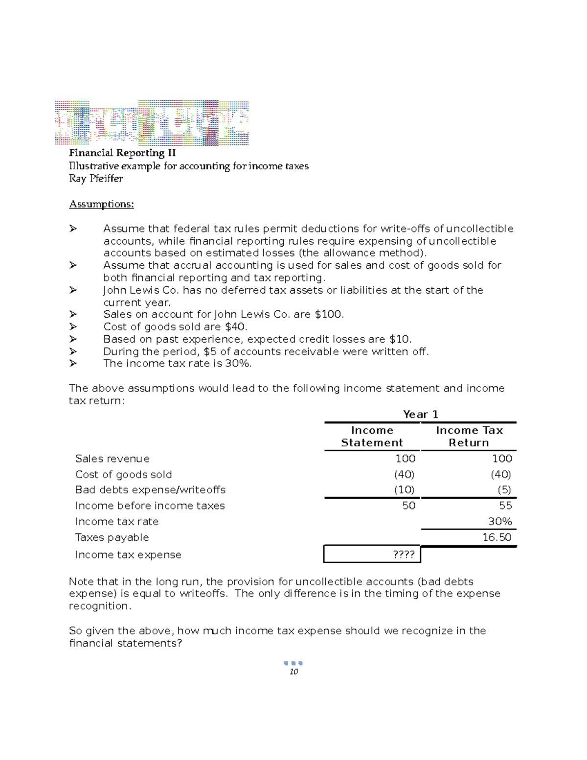 Simple income tax accounting example-handout - Financial Reporting II ...