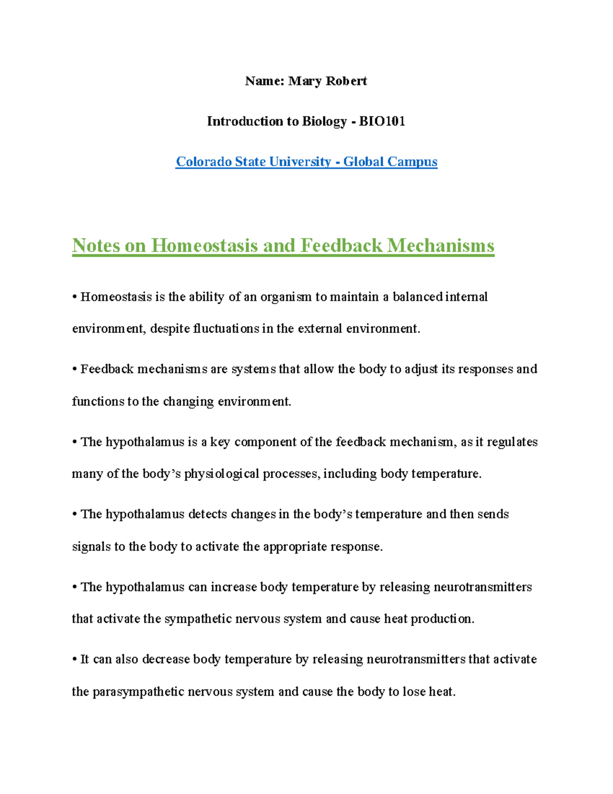 Homeostasis and feedback mechanisms - Namе: Mary Robert Introduction to ...
