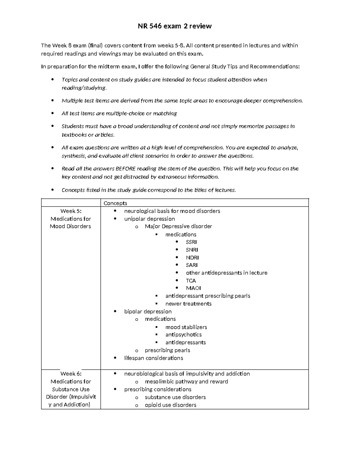 Week 8 exam study guide - Outline for Final Exam - NR 546 exam 2 review ...