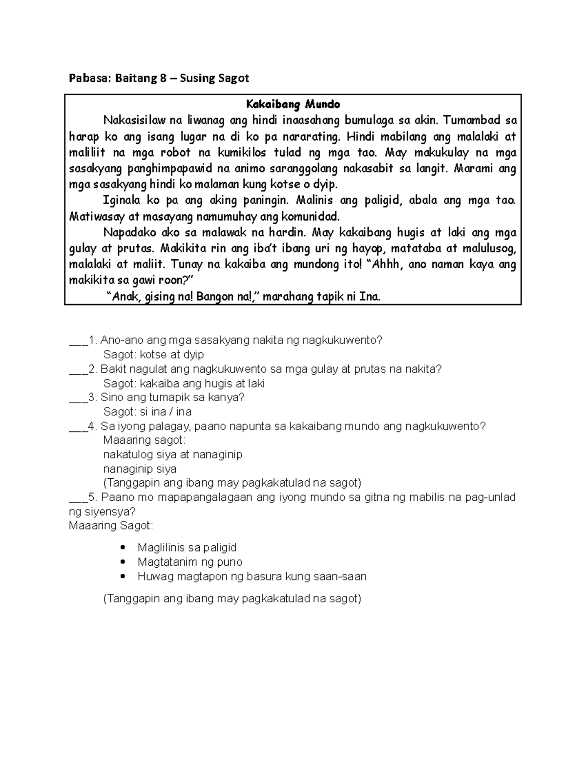 Susing sagot- G8 materials for learners - Pabasa: Baitang 8 – Susing Sagot Kakaibang Mundo - Studocu