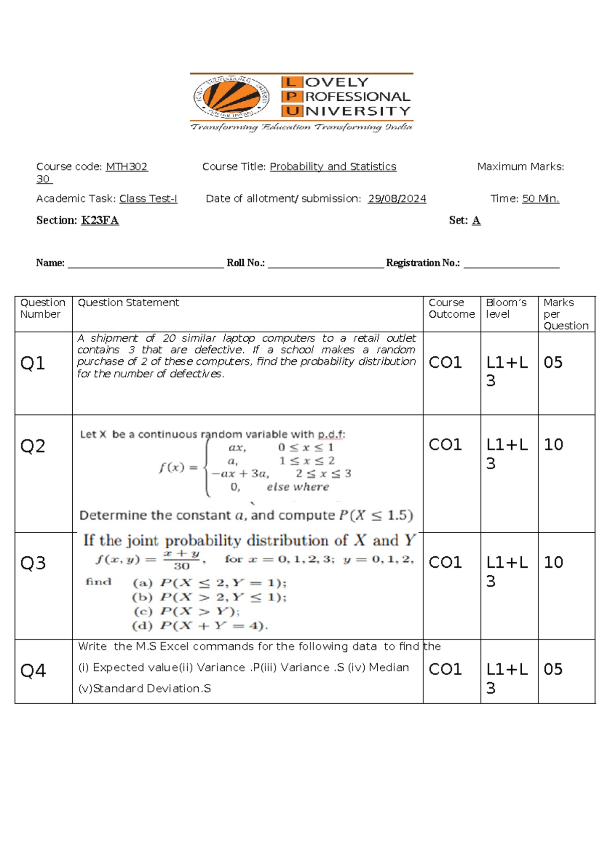 MTH302 Statistics & Probability - Course code: MTH302 Course Title: Probability and Statistics ...