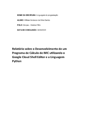 Relatório - Aula pratica - CÁLCULO DE IMC - PYTHON Agosto de 2023 ...