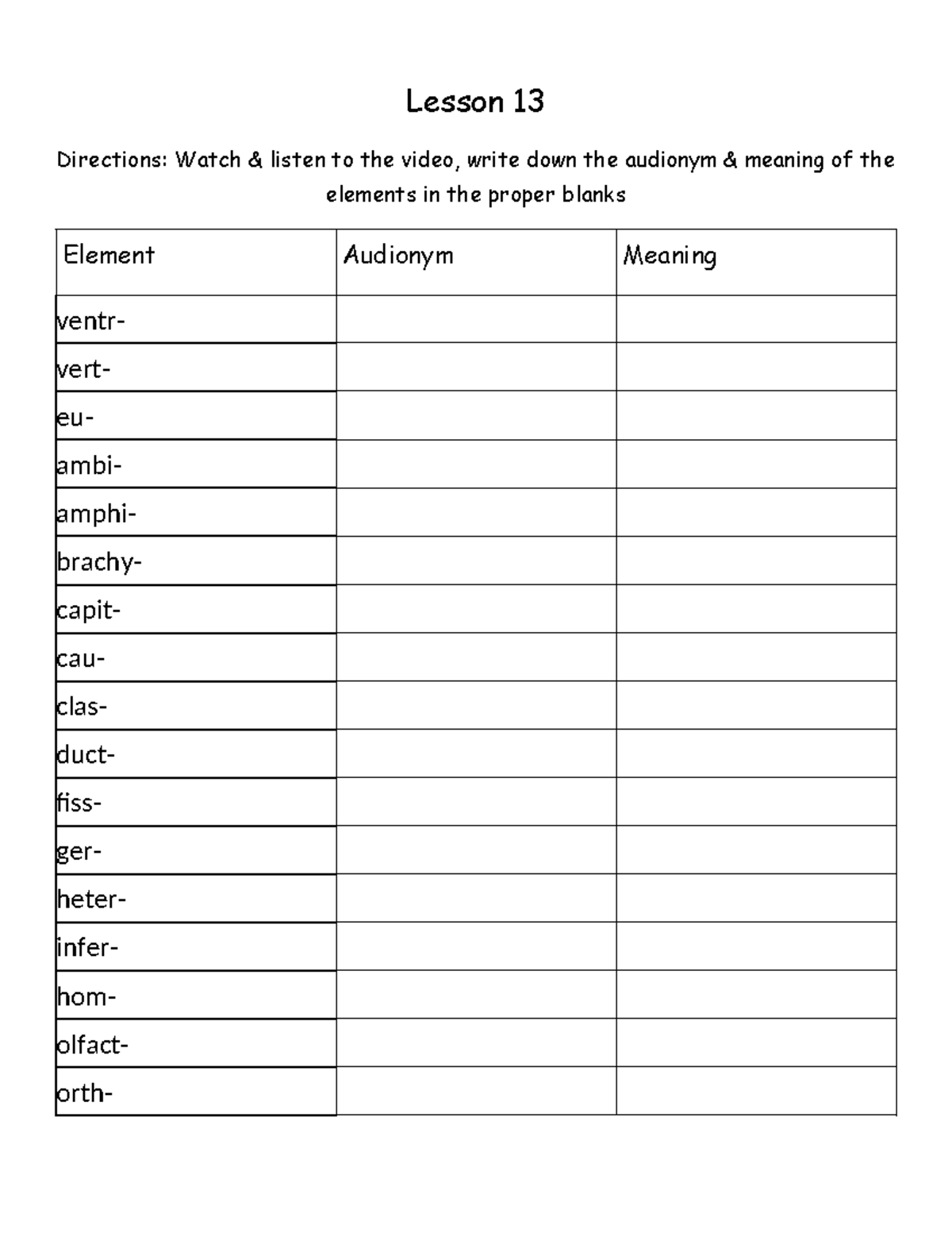 Lesson 13 - Lesson 13 Directions: Watch & listen to the video, write ...