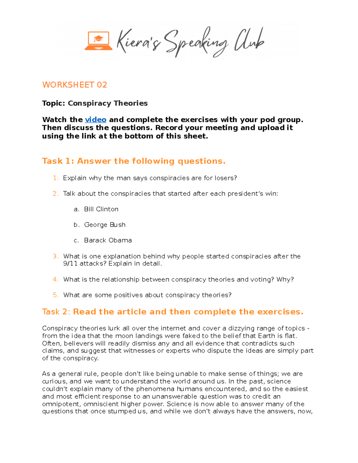 Worksheet 02 - lecture - WORKSHEET 02 Topic: Conspiracy Theories Watch ...