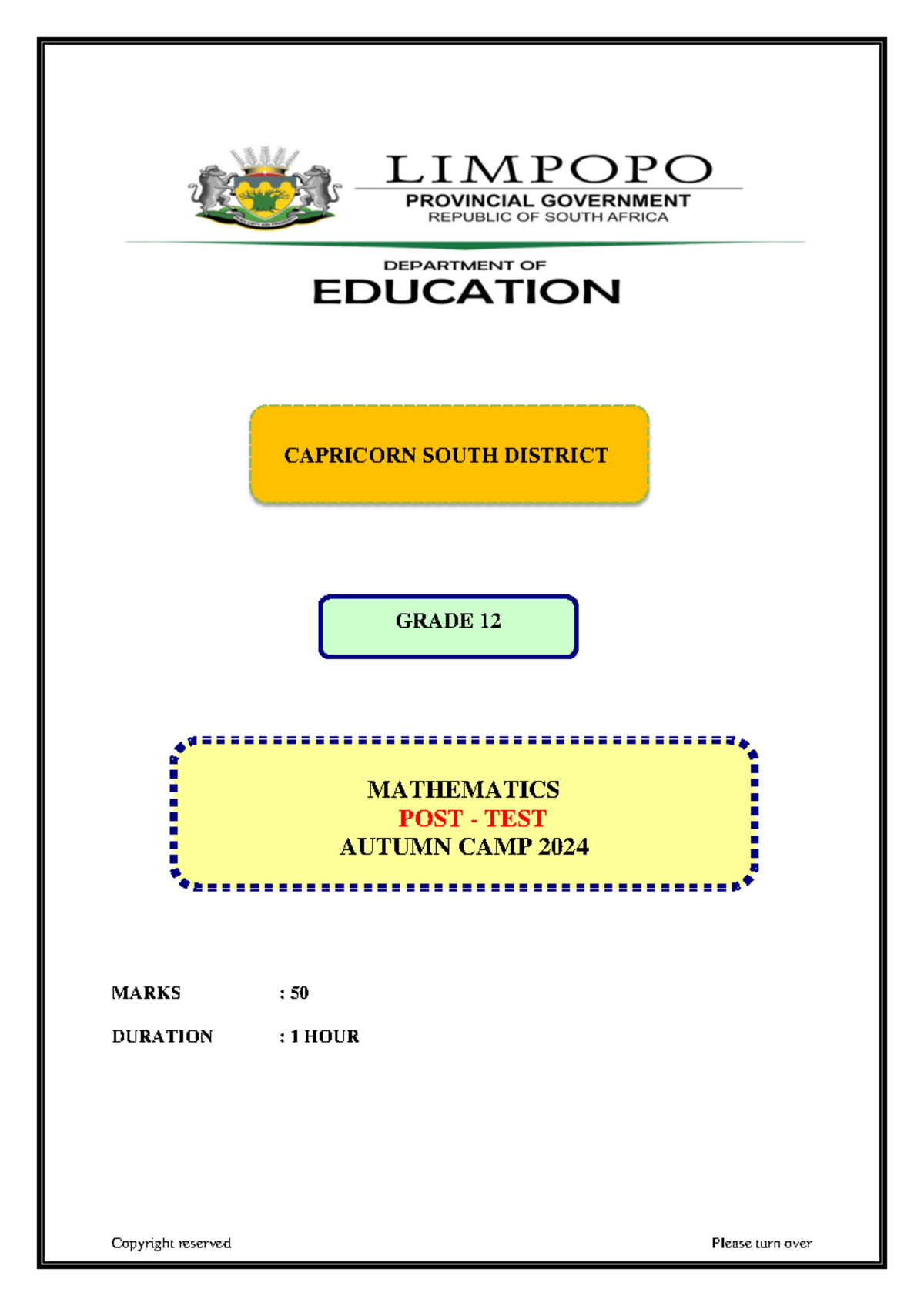 2024 Maths Grade 12 POST TEST 091926 - NSC MARKS : 50 DURATION : 1 HOUR ...