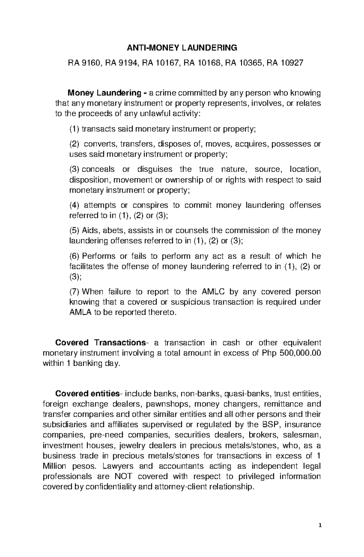 AMLA - AMLA - ANTI-MONEY LAUNDERING RA 9160, RA 9194, RA 10167, RA ...