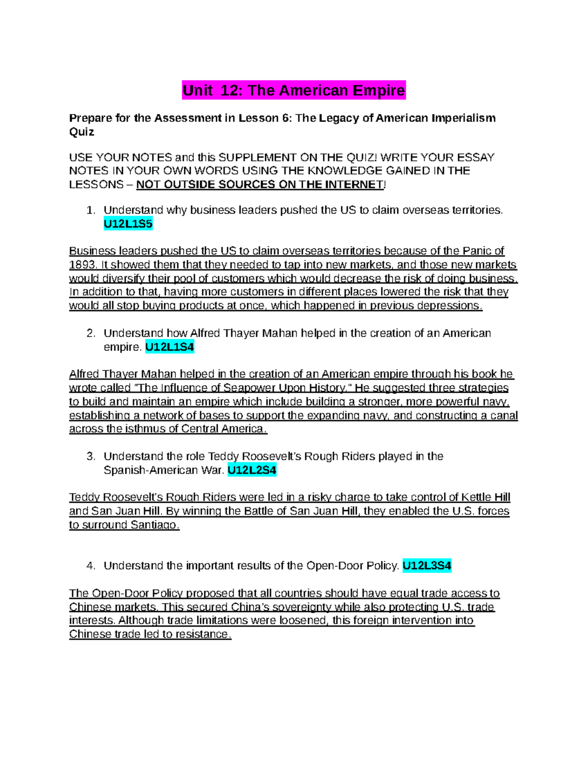 United States History 11 - Unit 12 Quiz Study Guide - Unit 12: The ...