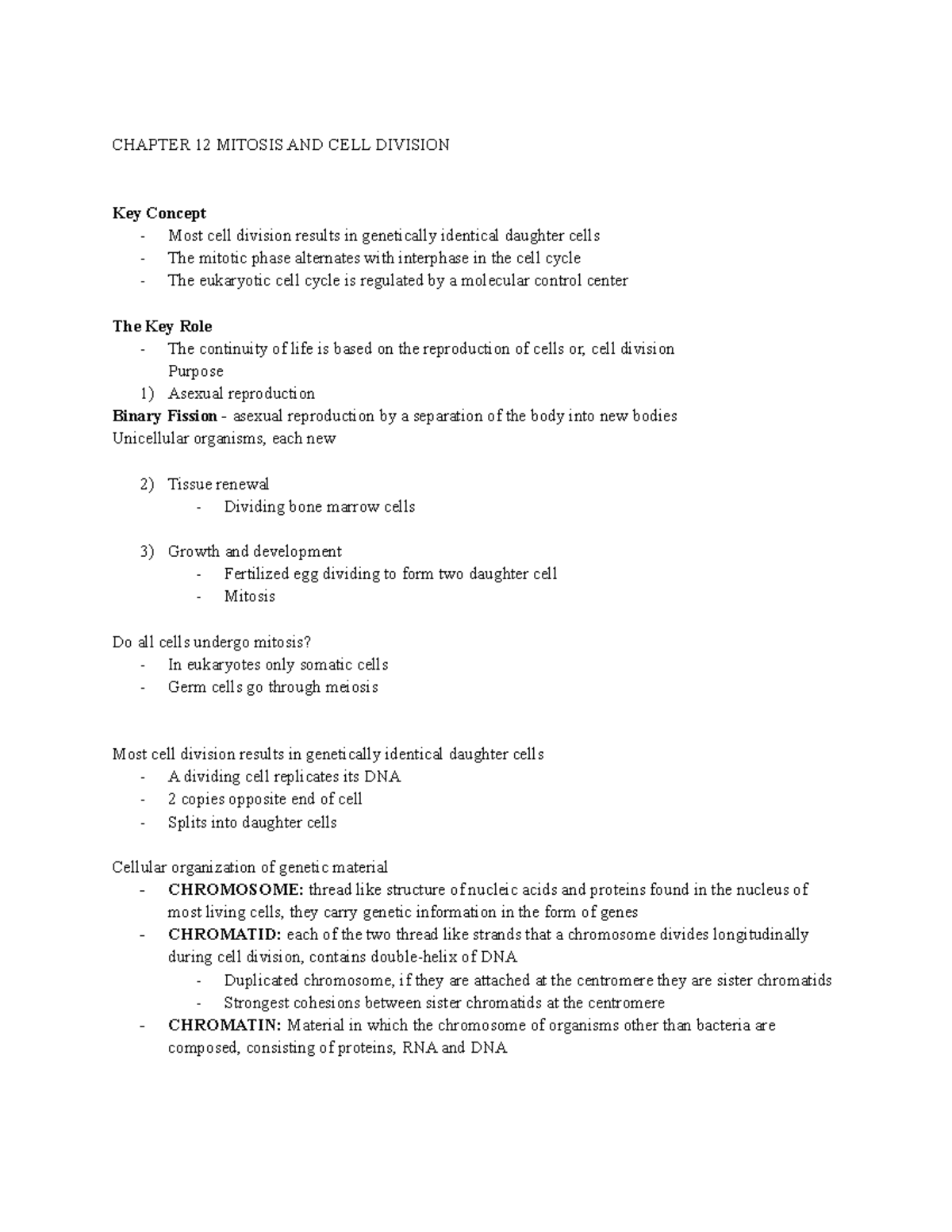 Cell Cycle Mitosis - Lecture and Textbook notes - CHAPTER 12 MITOSIS ...