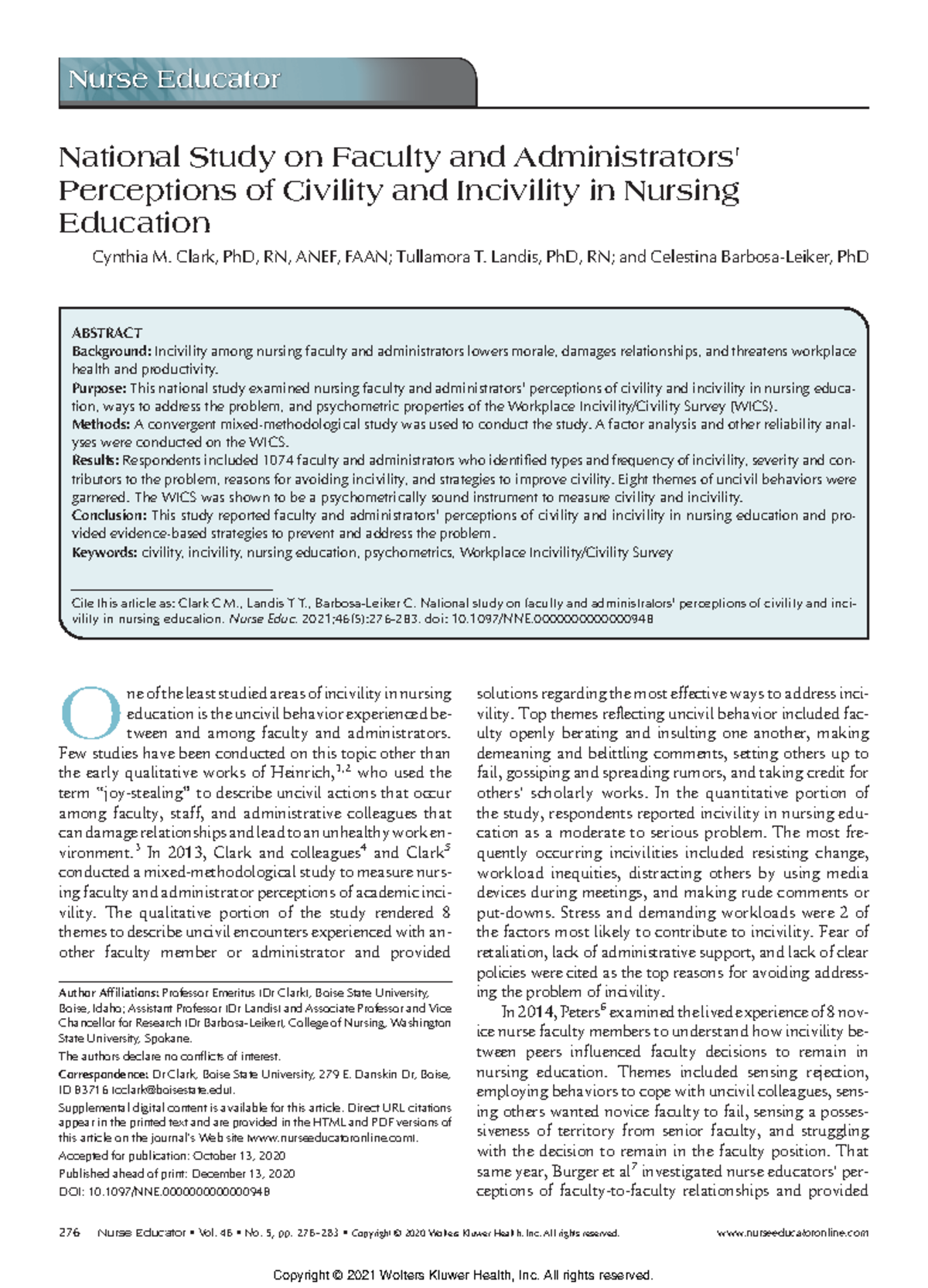 National Study on Faculty and Administrators' Perceptions of Civility ...