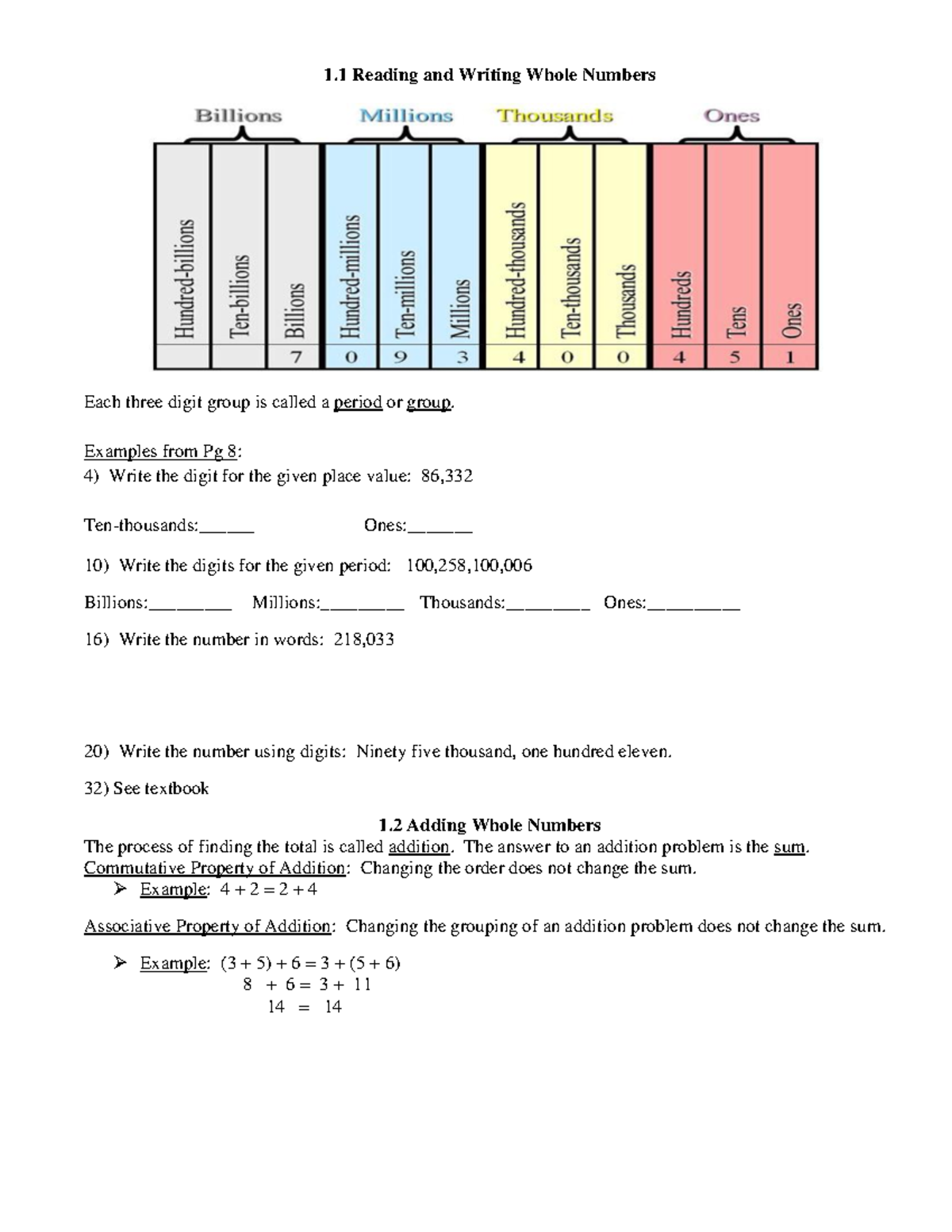 Chapter 1 - Lecture Notes - 1 Reading and Writing Whole Numbers Each ...