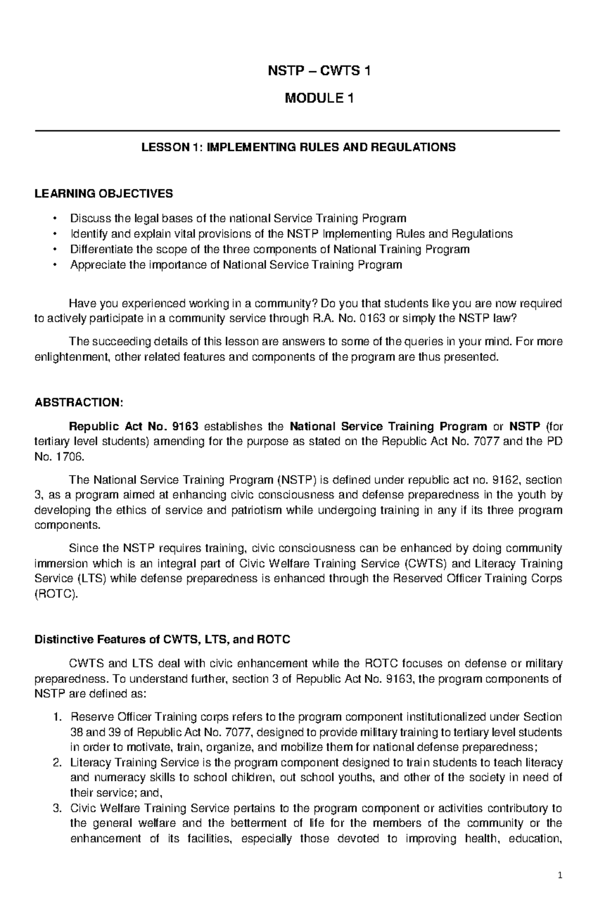 NSTP 1. Curricular Programdocx - 1 NSTP – CWTS 1 MODULE 1 - Studocu
